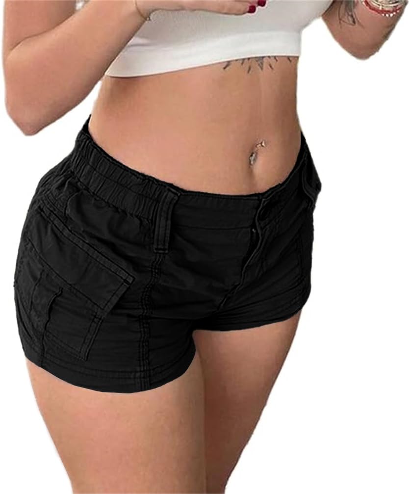 ONLYSTORY Trendy Cargo Shorts Women Elastic Waist Slim Fitted Black Shorts Harajuku Aesthetic ...