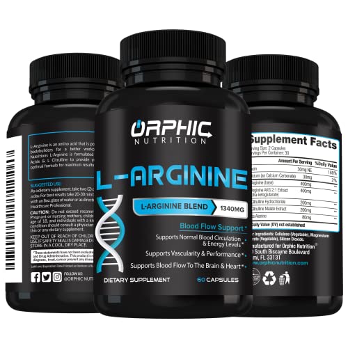 ORPHIC NUTRITION Extra Strength L Arginine - Nitric Oxide Supplement to ...