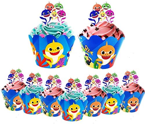 48Pcs Shark Cupcake Decorations- 24pcs Shark Cupcake Toppers and 24pcs ...
