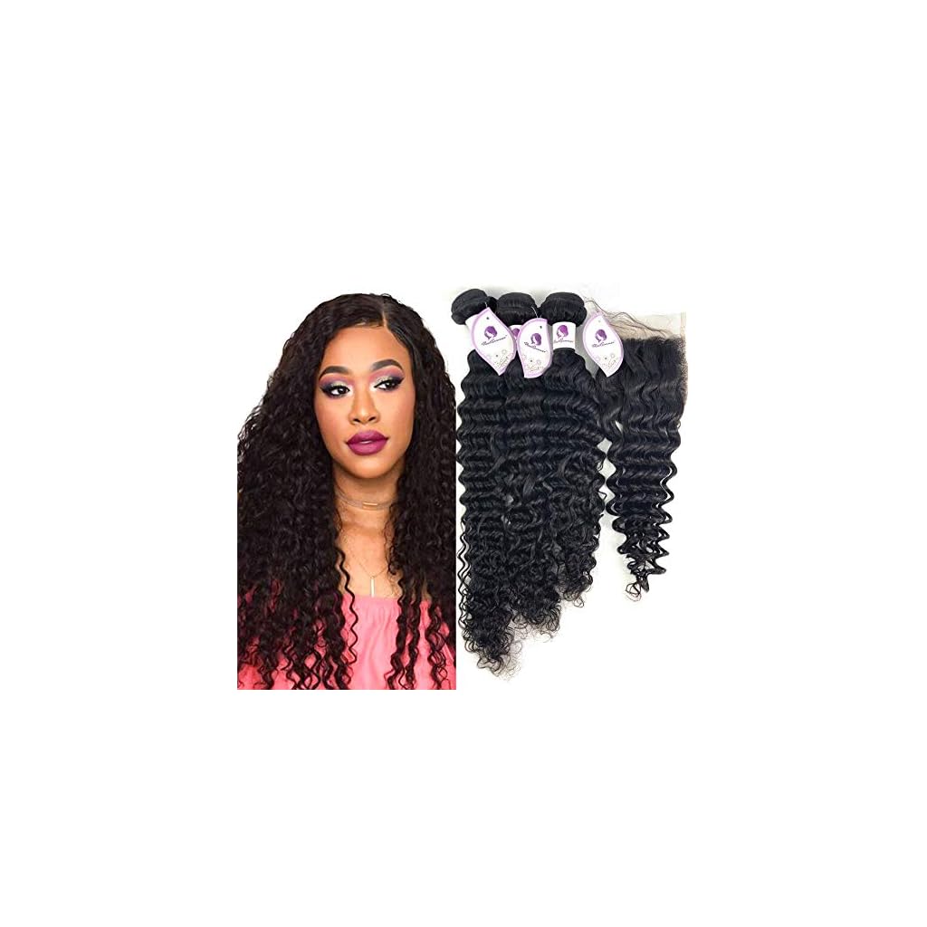 10A Grade Human Hair Deep Wave 3 Bundles With 4×4 Lace Closure ...
