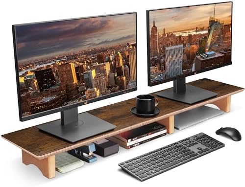 Large Dual Monitor Stand Riser - Solid Wood Desk Shelf with Eco Cork ...