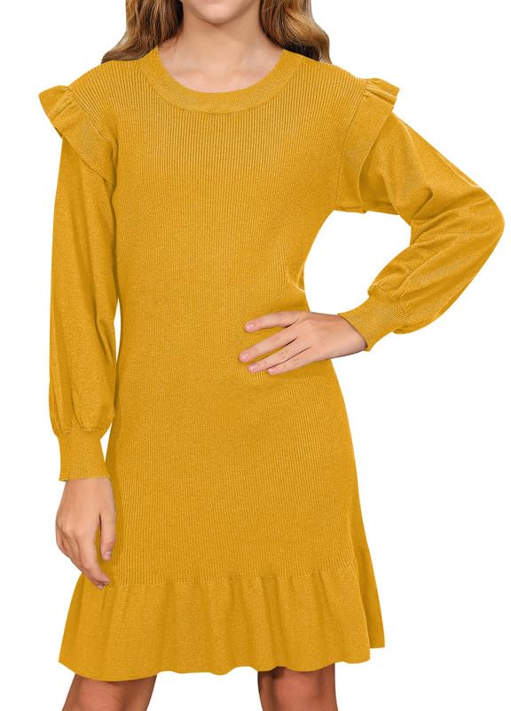 BesserBay Child Girls Crew Neck Aline Knit Winter Yellow Ruffle Long ...