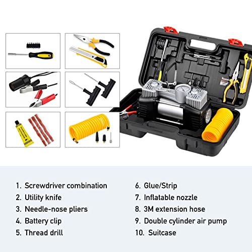 YSMJ 12V DC Portable Air Compressor 150 PSI Auto Repair Kit with Toolbox Heavy Duty Dual ...