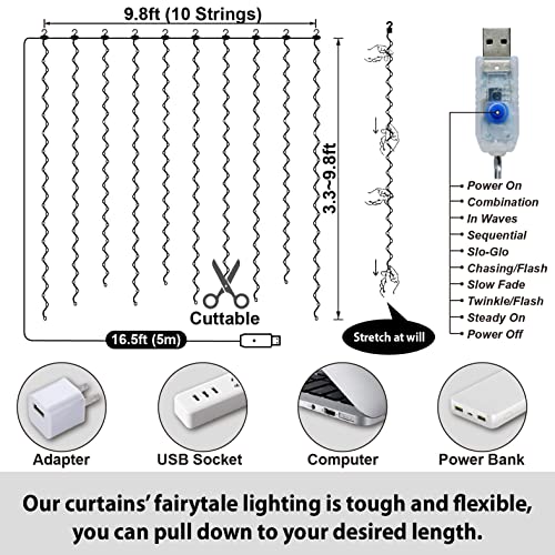 HXWEIYE 300LED Fairy Curtain Lights, 9.8x9.8Ft Warm White USB Plug In 8 ...