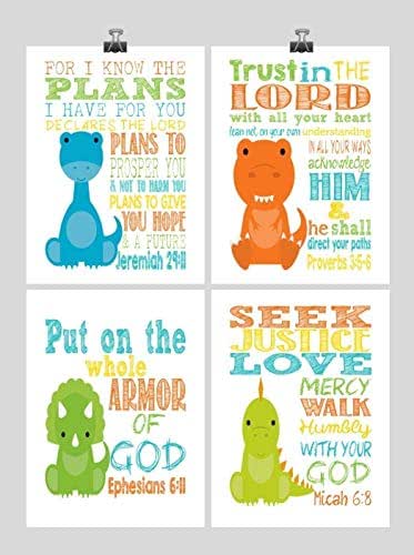 Amazon.com: Dinosaur Christian Nursery Decor Set of 4 Prints ...