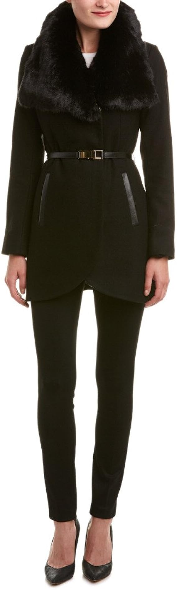 French Connection Women's Belted Fur Collar Coat Black Outerwear ...