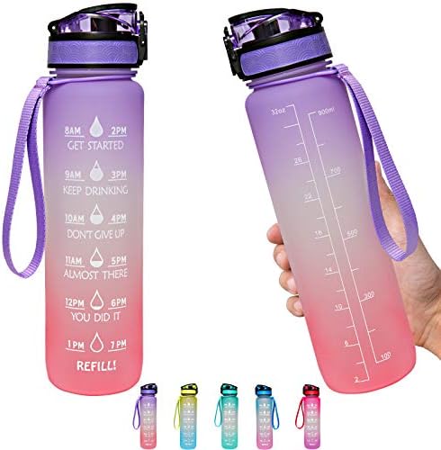 GEMFUL Water Bottle 32oz with Time Marker Straw and Sieve Tritan BPA Free for Fitness Gym ...