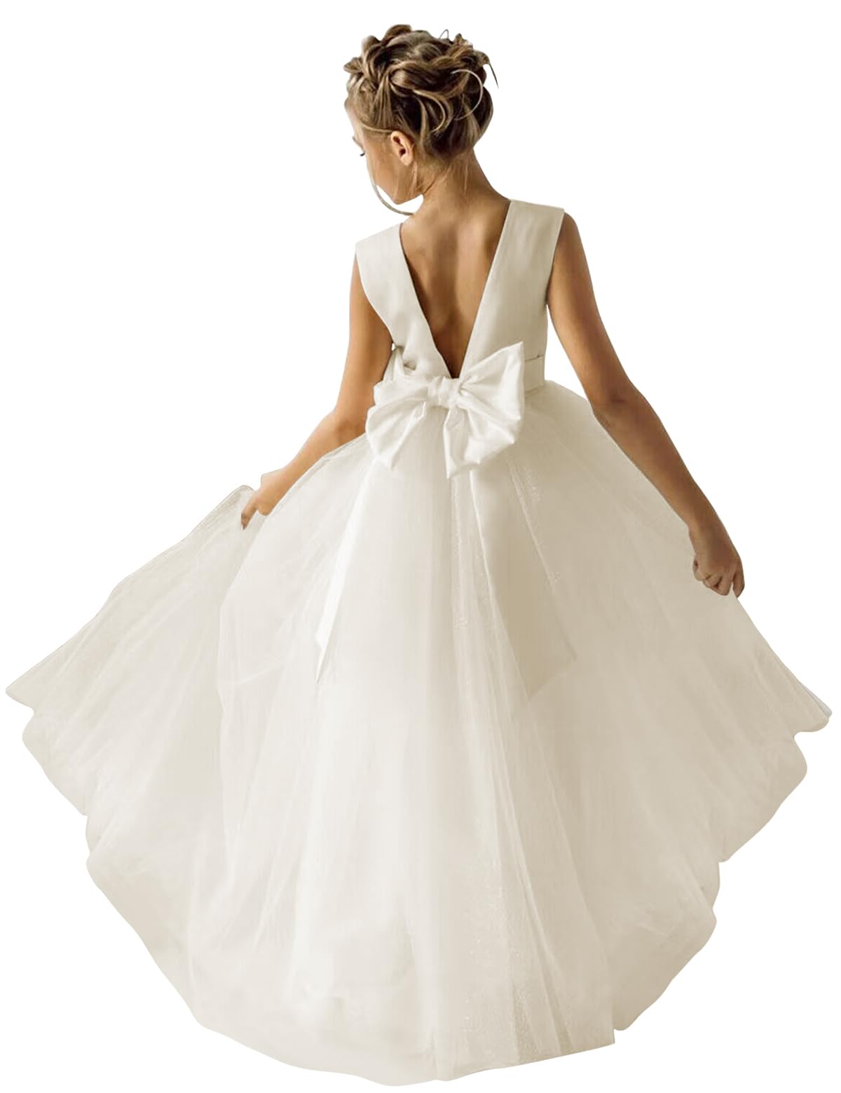 HEWEGO Tulle Flower Girls Dresses for Wedding V-Back Pearls Ivory First ...