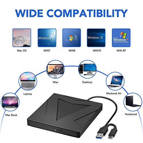 External CD DVD Drive Type C USB 3.0 Portable CD DVD +/-RW Drive Slim ...