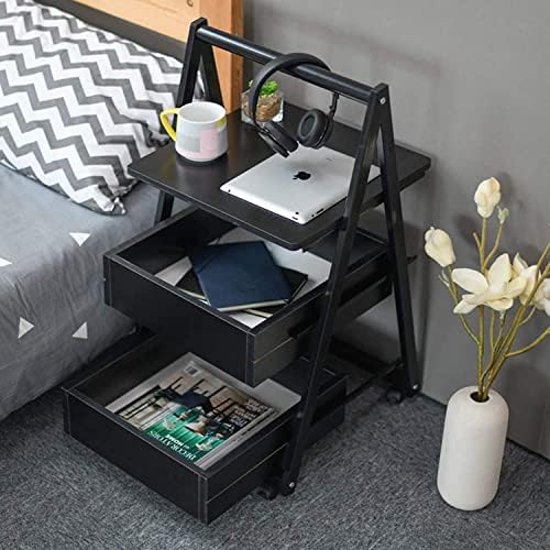 Movable Bedside Table Wood Color With 3-Tier Storage Cabinet With 2 ...