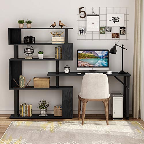 Tribesigns Rotating Computer Desk with 5 Shelves Bookshelf, Modern L ...