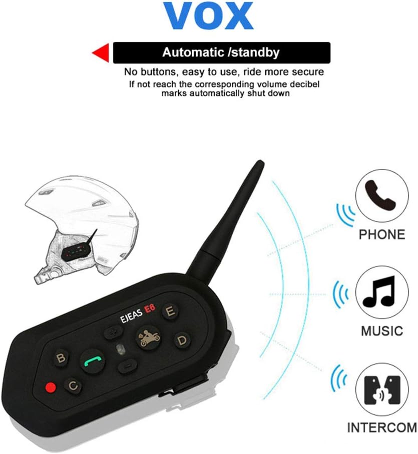 EJEAS® E6 Motorcycle Helmet Bluetooth Intercom Headset 6 Riders 1200m ...