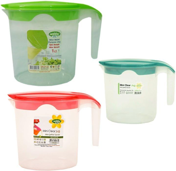 3 x Plastic 1 litre Jugs with Coloured Lid - Squash Water Fruit Juice ...