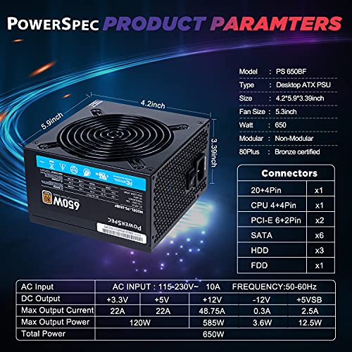 PowerSpec 650W Power Supply 80 Plus Bronze Certified Fixed Cable Non ...