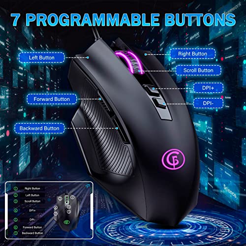 GF GOFREETECH Wired Gaming Mouse with Side Buttons, 7 Programmable Buttons, 5 Adjustable DPI ...