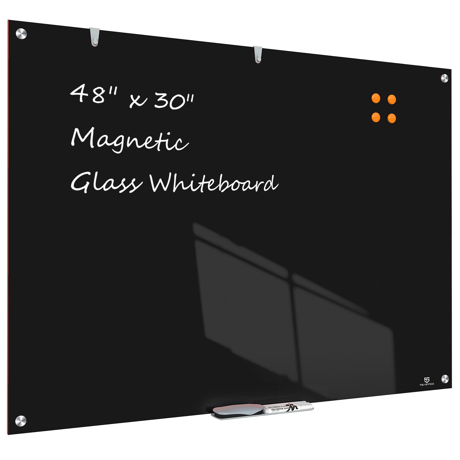 TSJ OFFICE Glass Dry-Erase Board - 48 x 30 Inches Wall Mounted Black Glass Magnetic Whiteboard ...