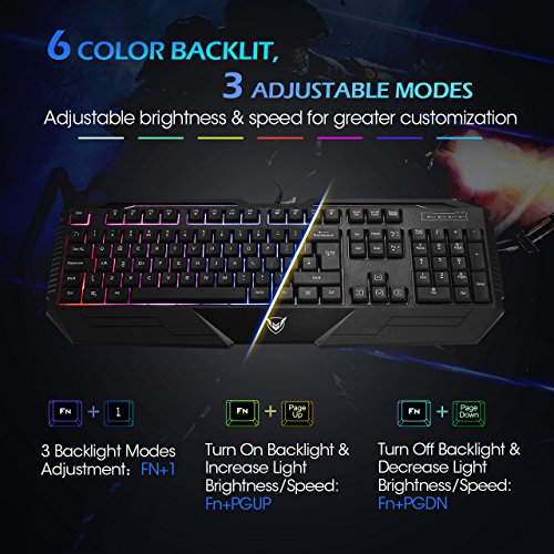 PICTEK Wired Gaming Keyboard Ergonomic Backlit LED Rainbow Computer ...
