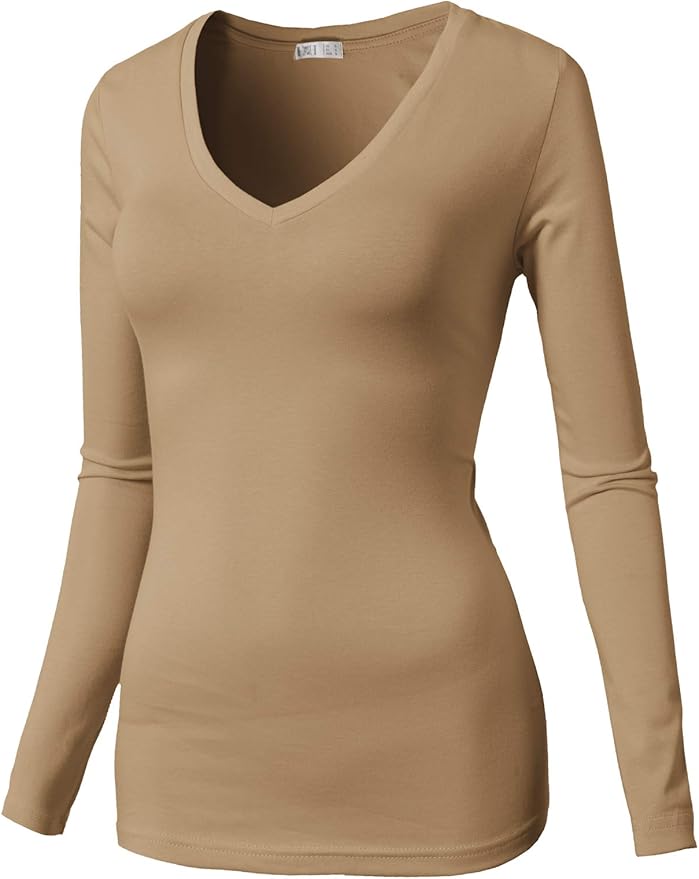 H2H - playera básica de algodón para mujer, manga larga, cuello en V ...