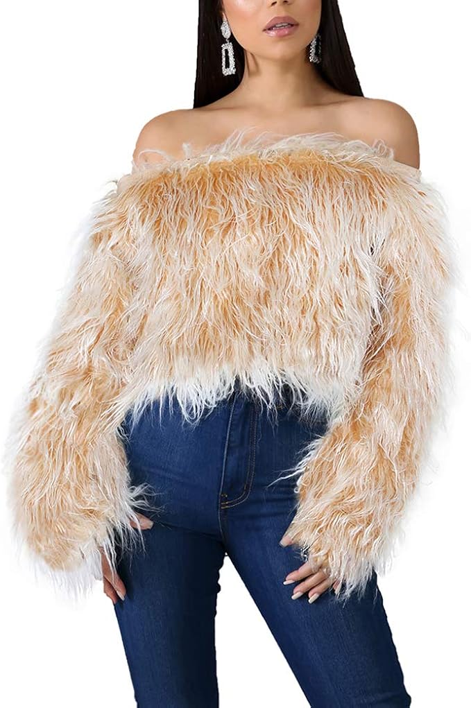 CQWL Womens Sexy one-Shoulder Shaggy Faux Fur Pullover Sweaters Winter ...