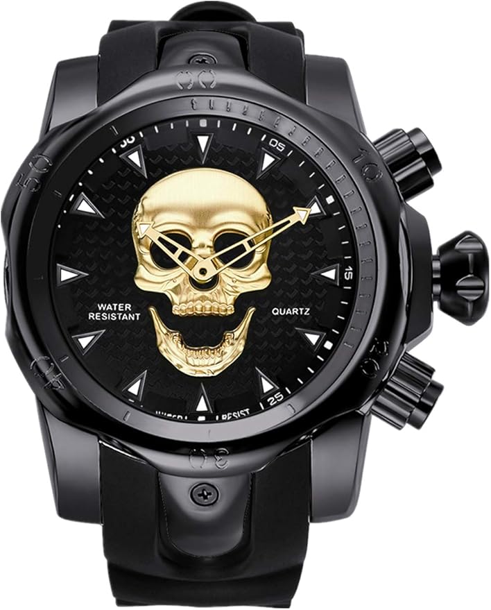 Black and 3D Skull Style Gold Watch Big Face Wrist Watches for Men with ...