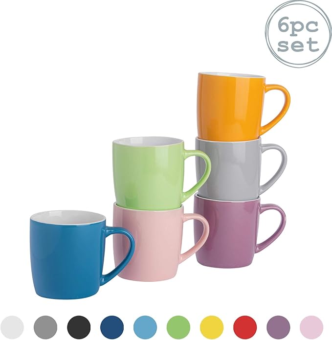 Argon Tableware Tea Coffee Mugs - 6pc Contemporary Coloured Ceramic ...