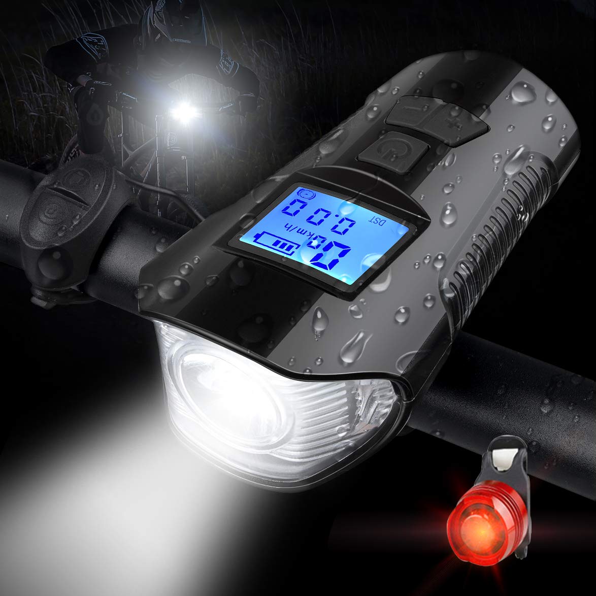 USB Rechargeable LED Bicycle Front Light, Bike Speedometer Odometer ...
