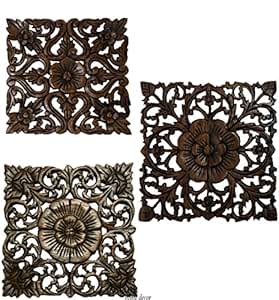 Amazon.com: Set of 3 Carved Wood Wall Plaques. Floral Wood Wall Hanging ...