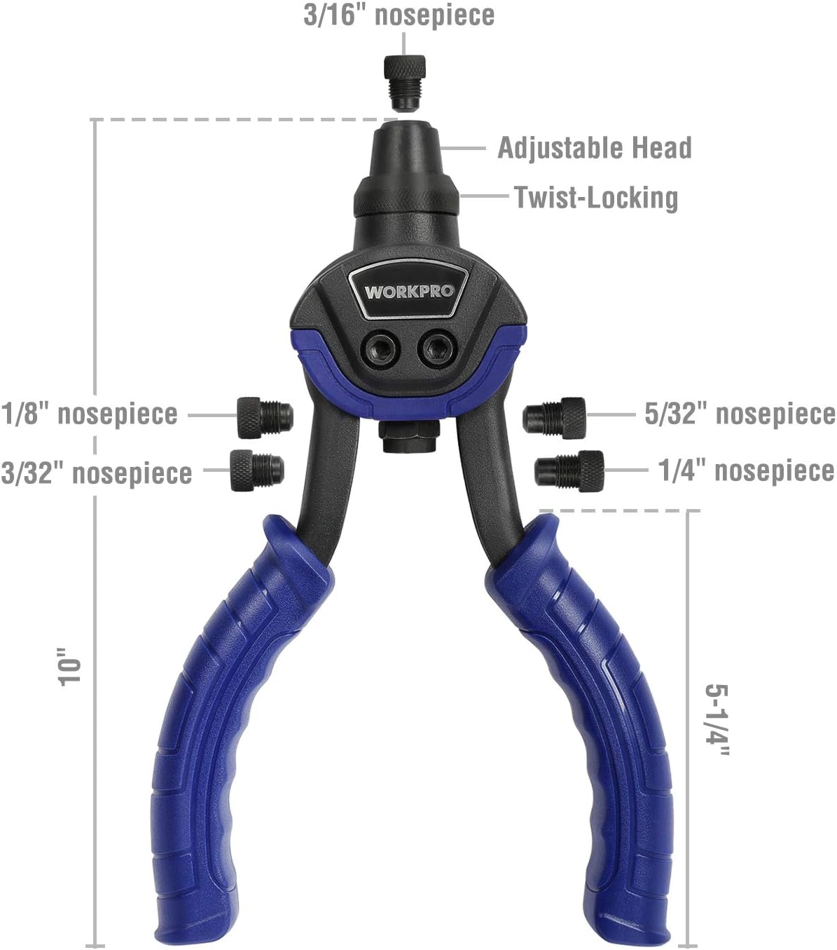 WORKPRO 5-in-1 Hand Riveter Set, 10-inch Heavy Duty Rivet Gun, 5 Nozzle ...