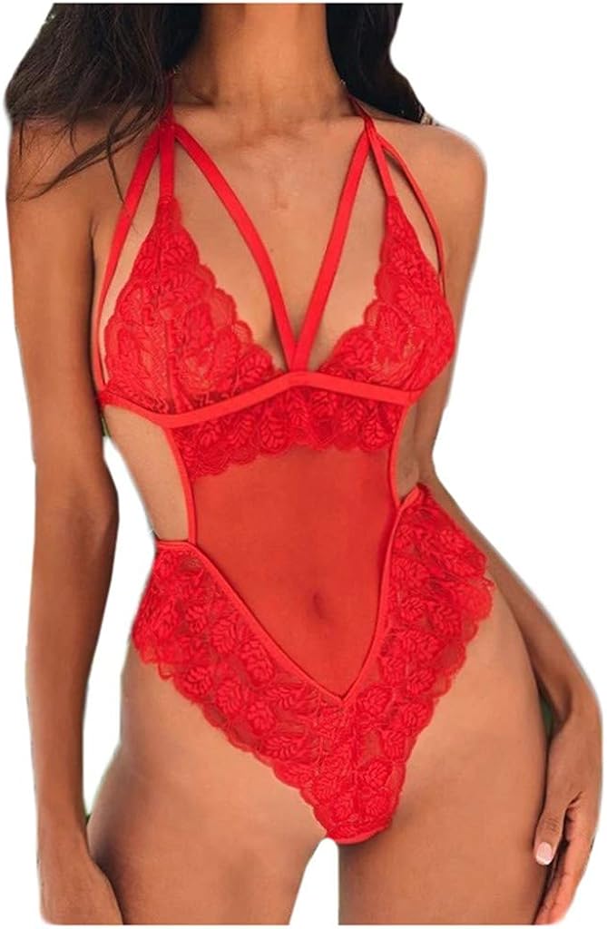Women One Piece Teddy Lingerie Sexy Lace Sheer V Neck Backless Jumpsuit