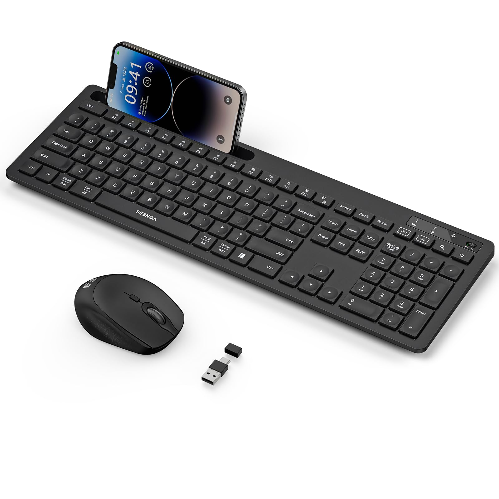 Black Keyboard and Mouse Wireless, seenda Full-Size Keyboard with Phone ...