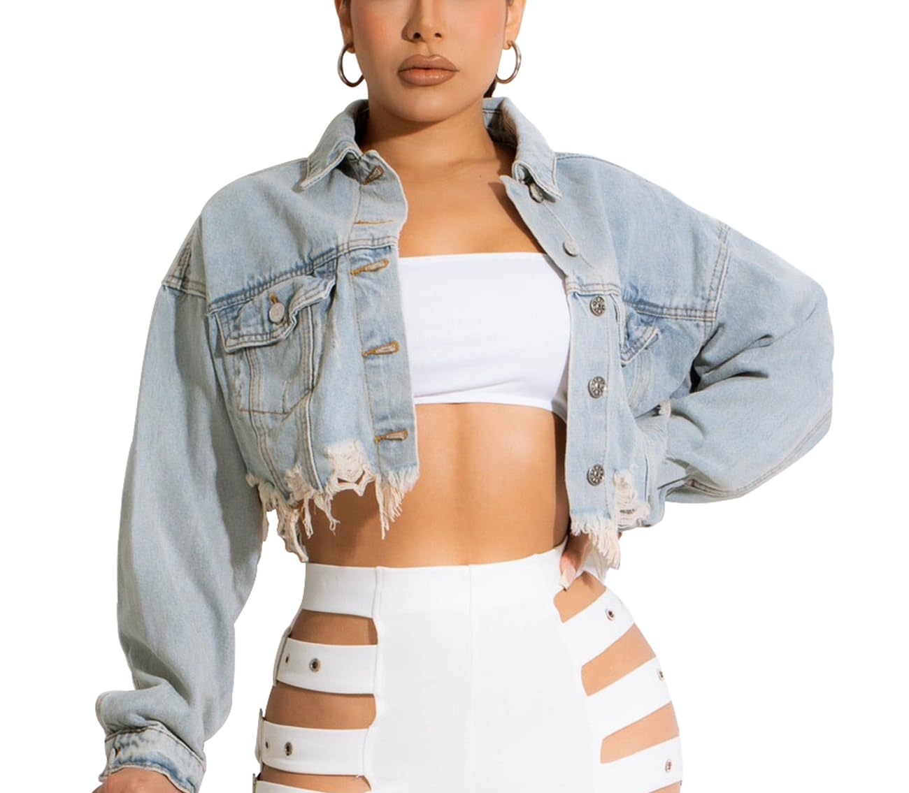HTD Women's Cropped Jean Jacket Button Up Long Sleeve Ripped Distressed Denim Jacket Frayed Hem ...