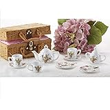 Amazon.com: Child's Porcelain Tea Set in Wicker Basket, Real Pouring ...