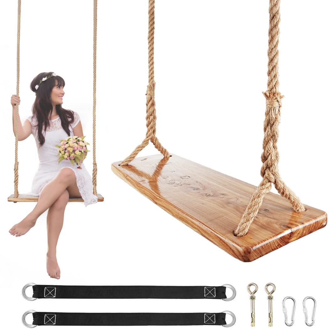 Wooden Tree Swing,Wooden Swing for Adults/Kids with 500lbs Load Capacity,Adjustable Hemp Rope ...