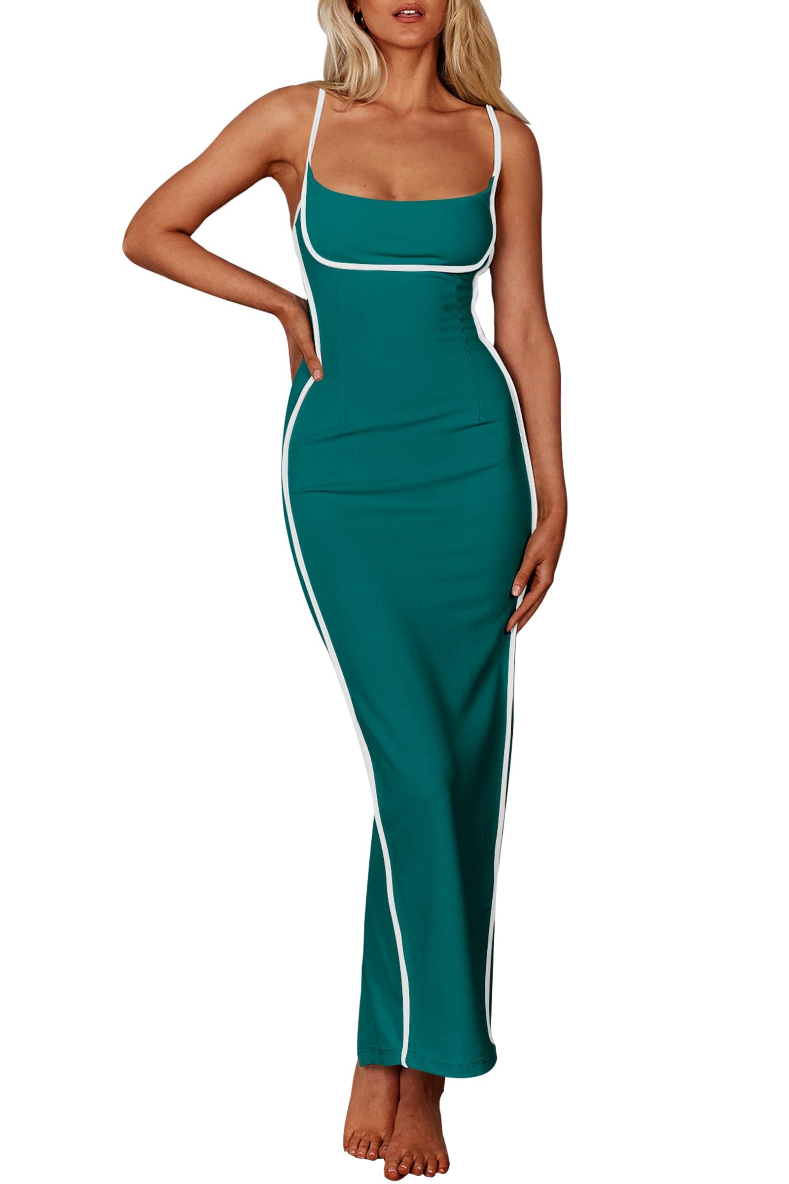 PRETTYGARDEN Women Spaghetti Strap Maxi Dress Summer Sleeveless Slit Y2K Bodycon Dress (Blue ...