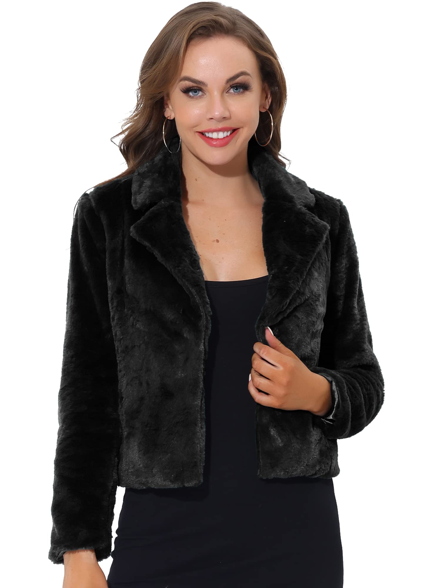 Allegra K Women's Cropped Faux Fur Jacket Lapel Cardigan Shrug 2024 Winter Fluffy Faux Fur Coat ...