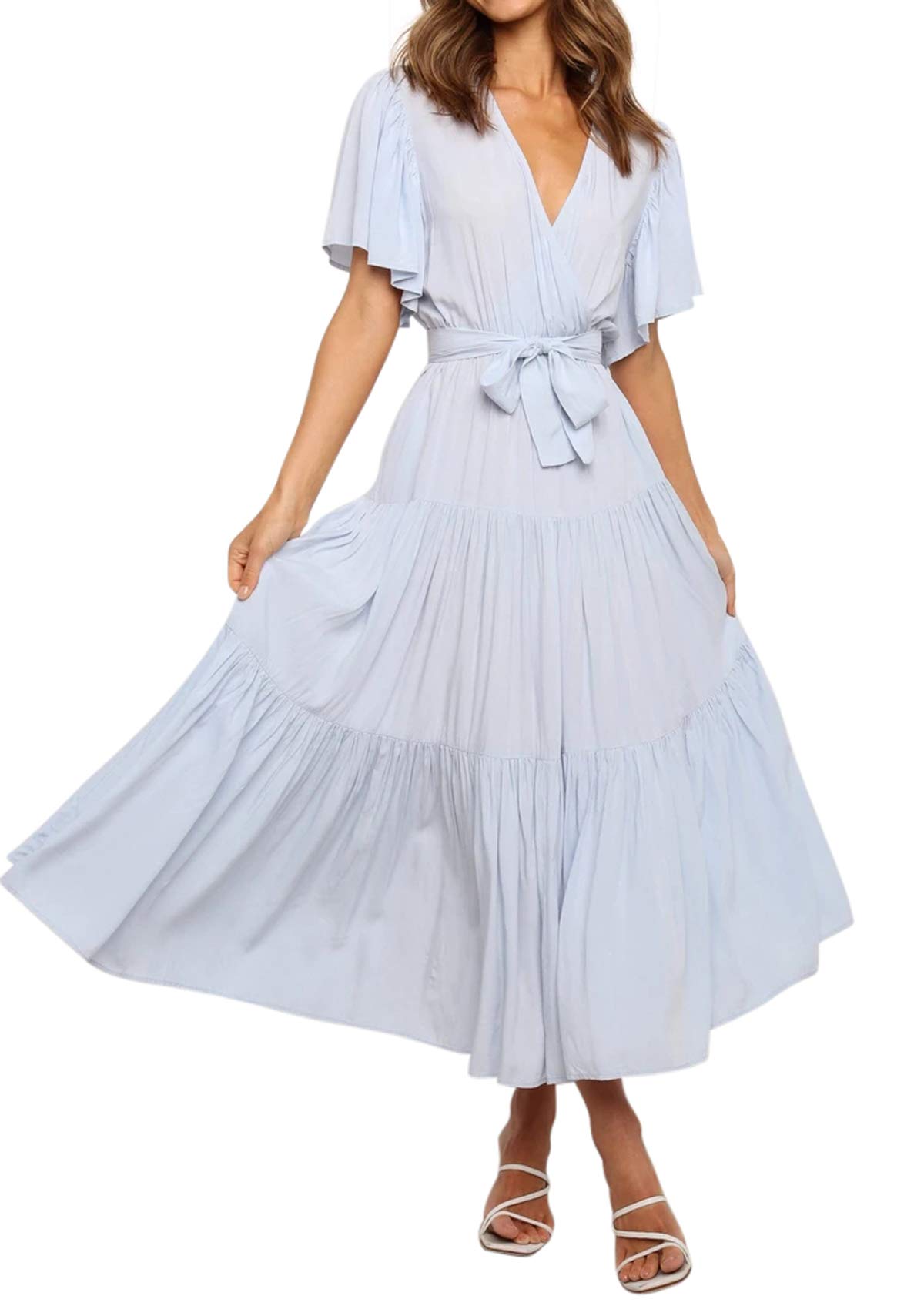 R.Vivimos Summer Dress for Women Cotton Ruffle Short Sleeves V Neck Casual Flowy Midi Dress with ...