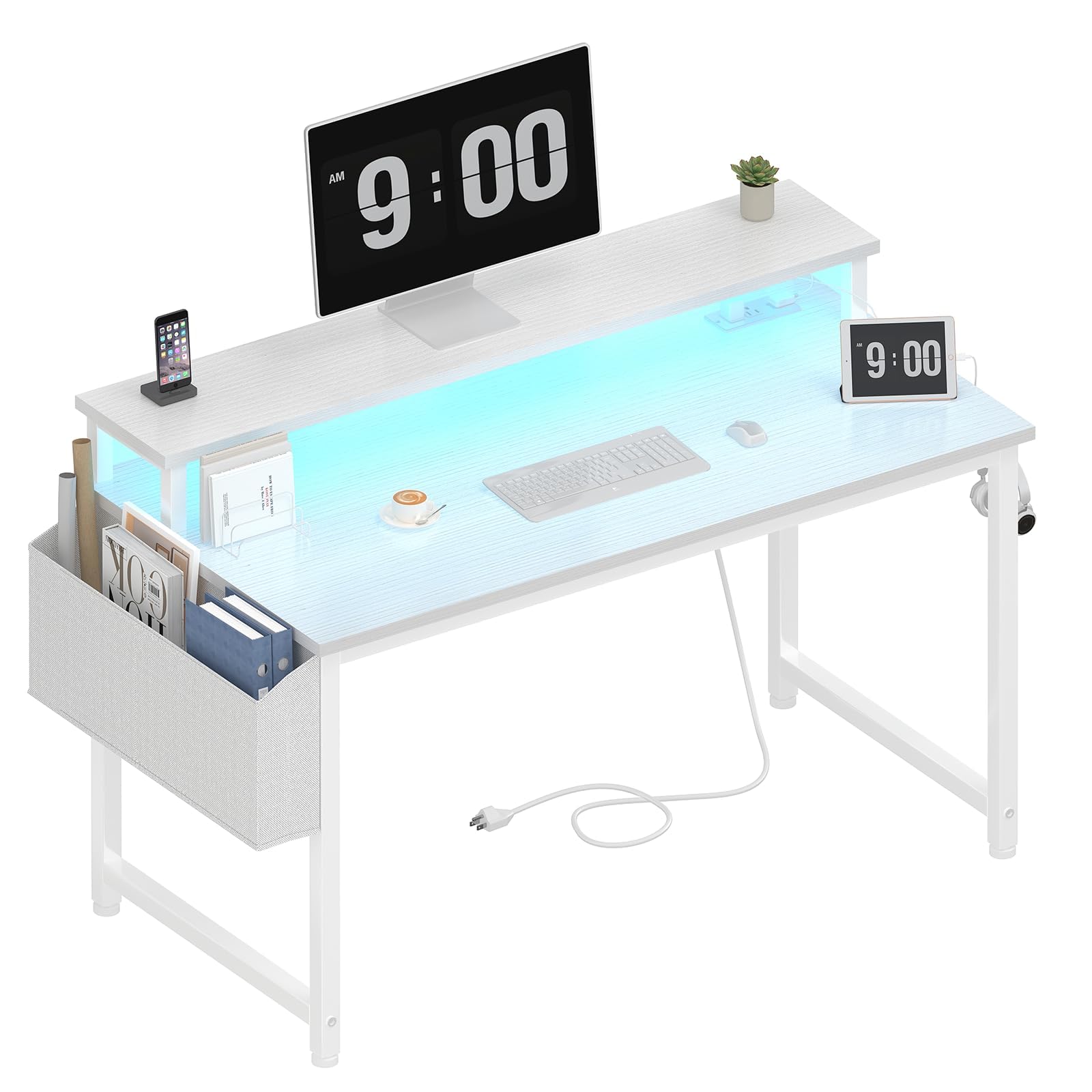 Lufeiya White Computer Desk with LED Lights and Power Outlets, 40 Inch ...