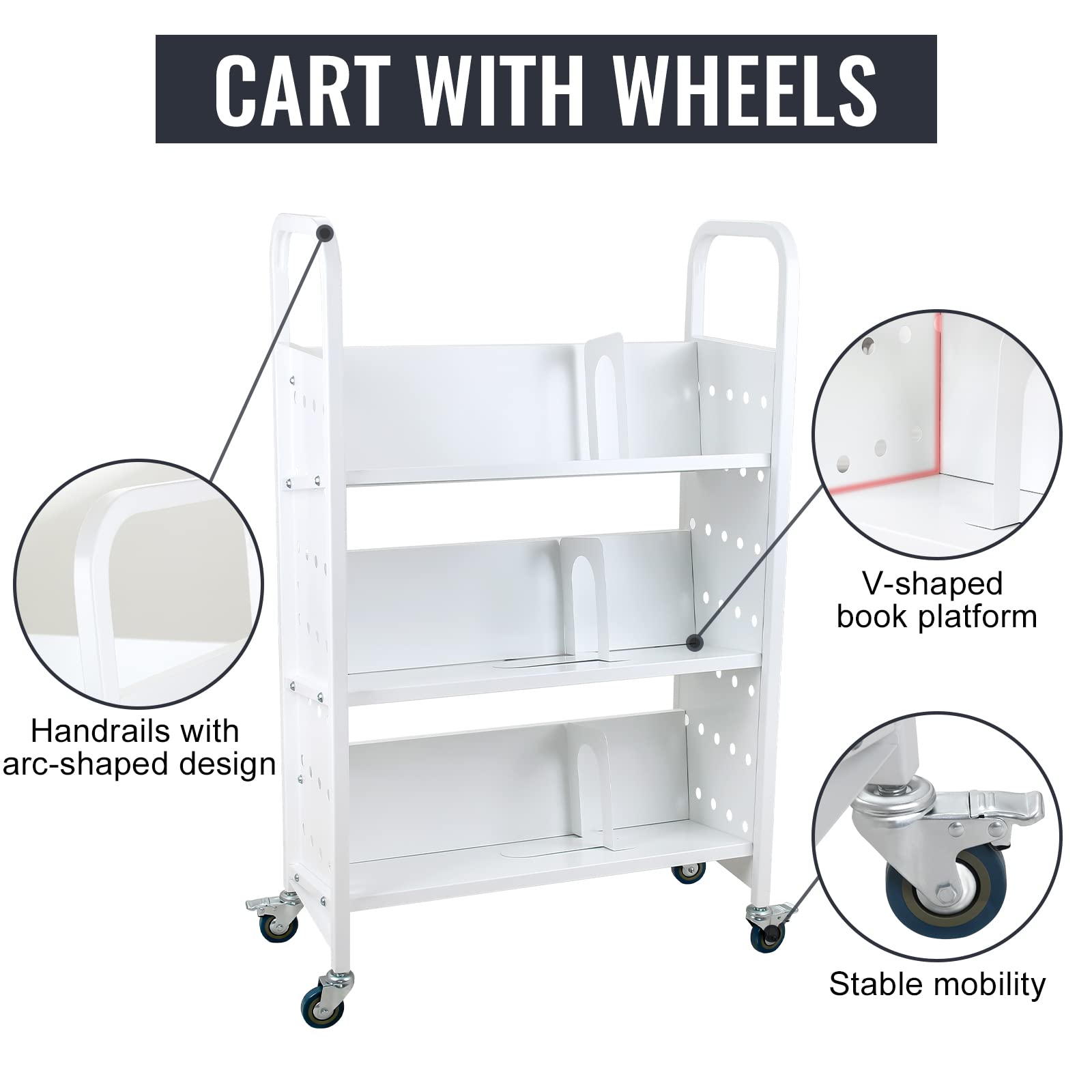 Library Book Cart, Rolling Book Cart With 4 Lockable Wheels, 200LBS ...