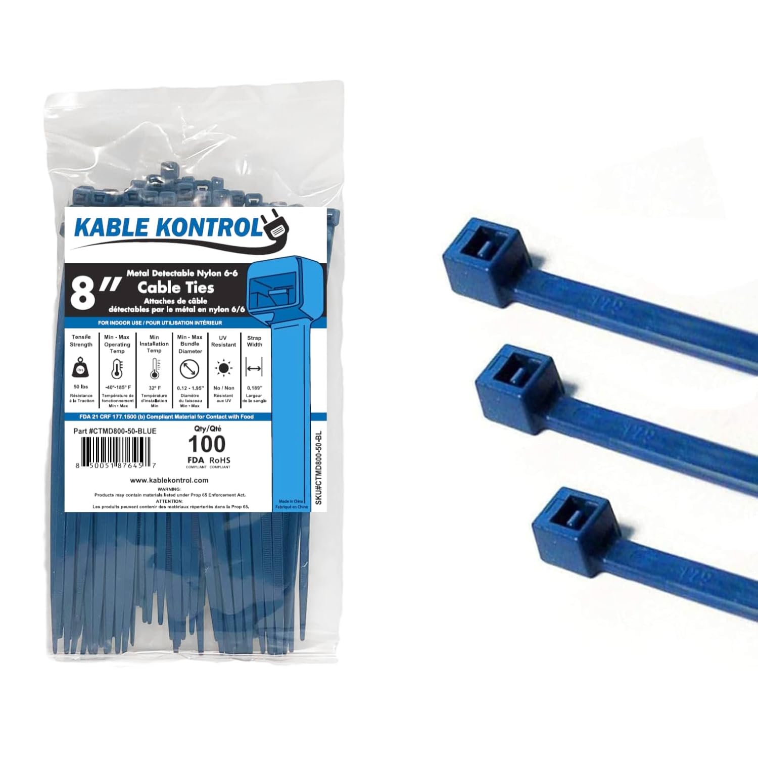 Mua Kable Kontrol Metal Detectable Blue Zip Ties 100 Pcs 8 Inch, 50 Lbs ...