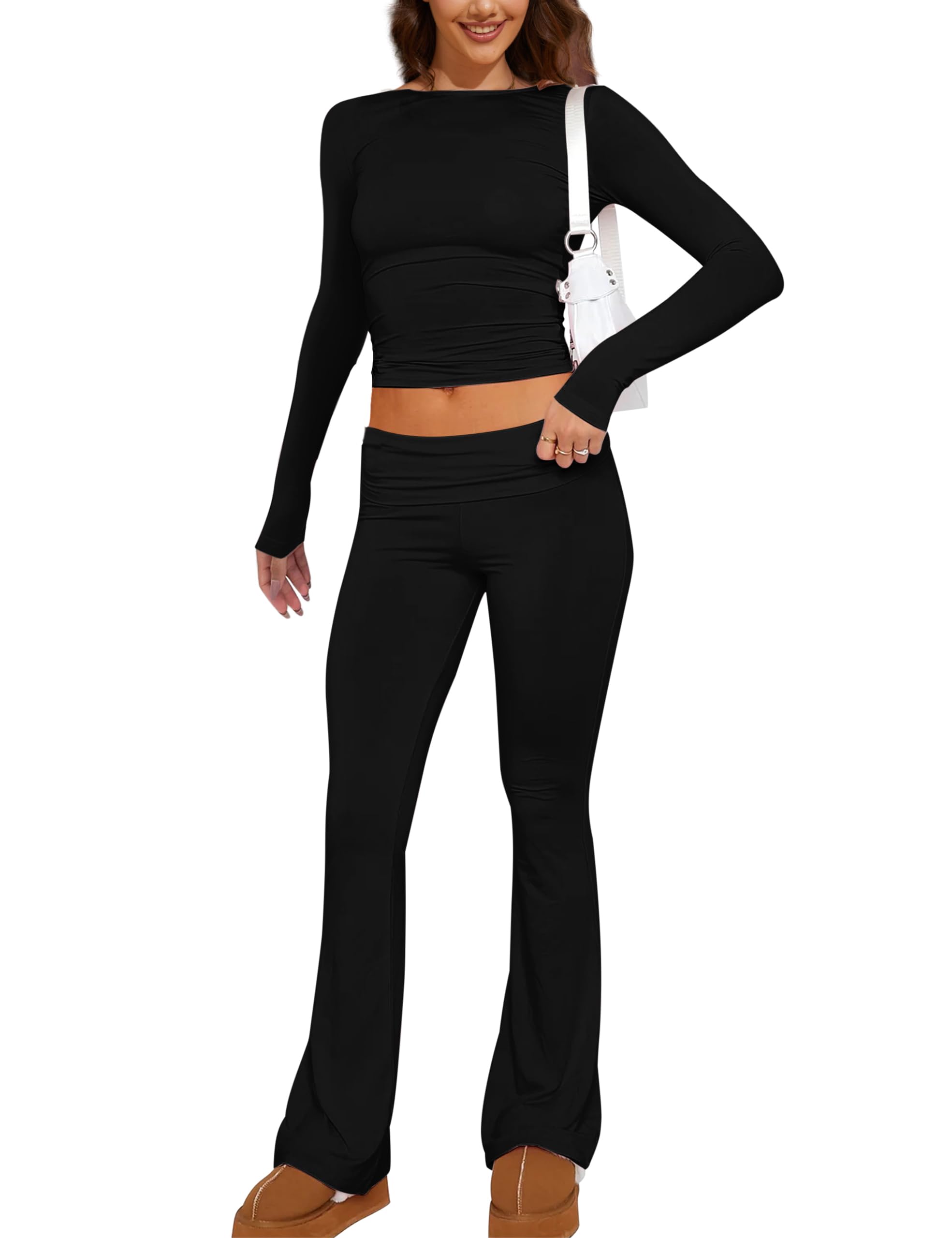 Ythomm Women Two Piece Lounge Outfits Slim Long Sleeve Crop Tops And Low Rise Flare Leggings ...