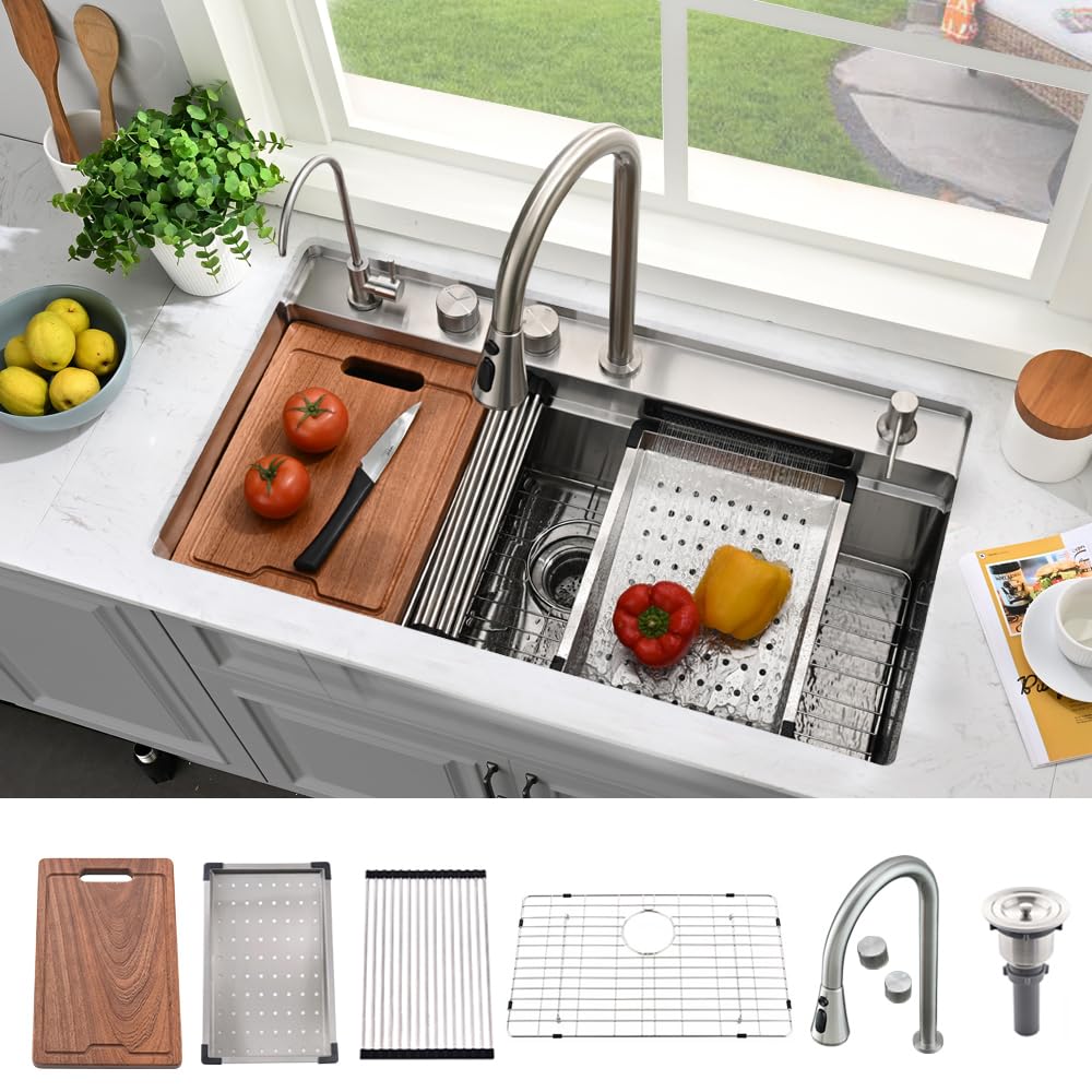 33 Inch Waterfall Undermount Kitchen Sink with Faucet-Bokaiya 33x19 ...