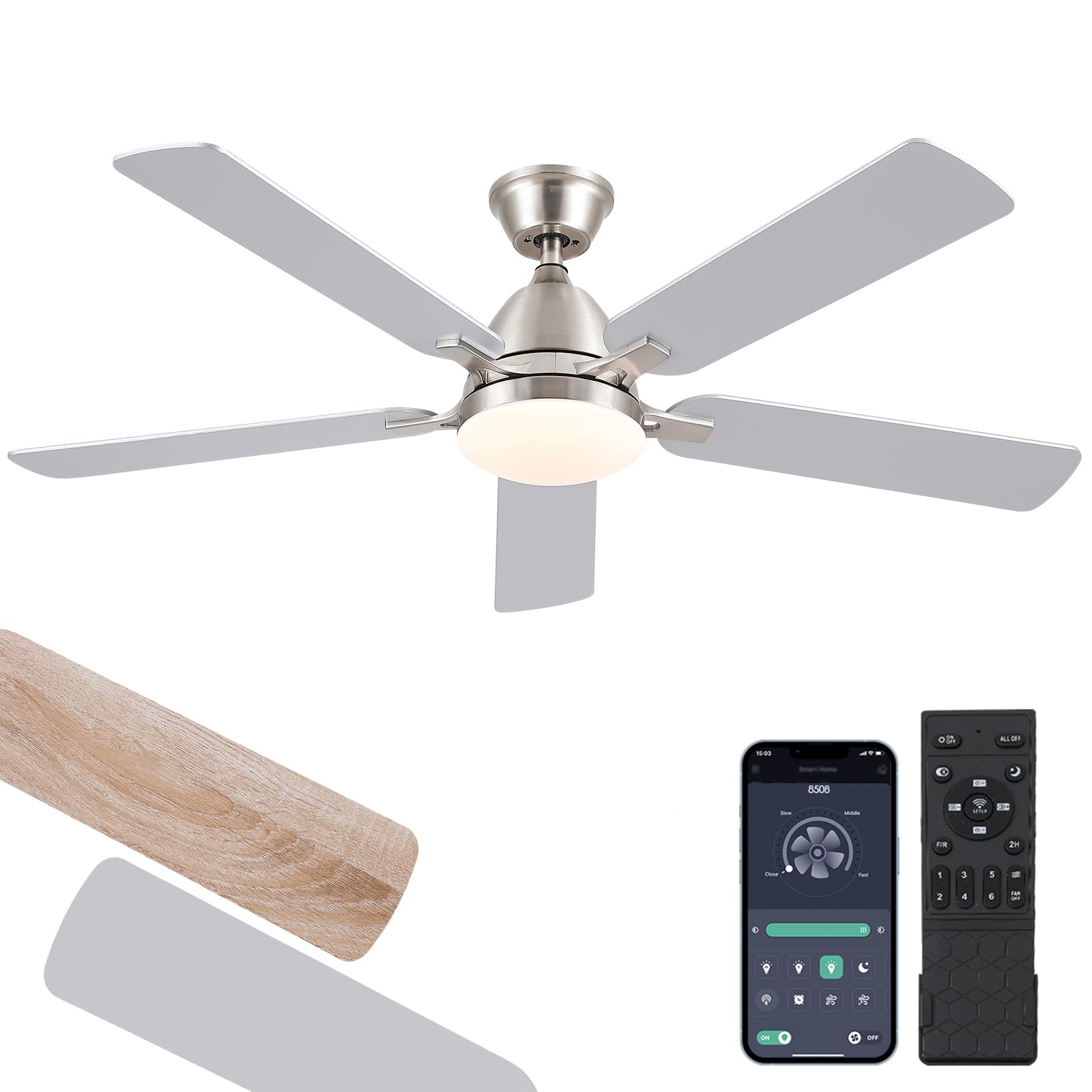BYKISTOK Ceiling Fans with Lights, 52 Inch Low Profile Ceiling Fan with ...