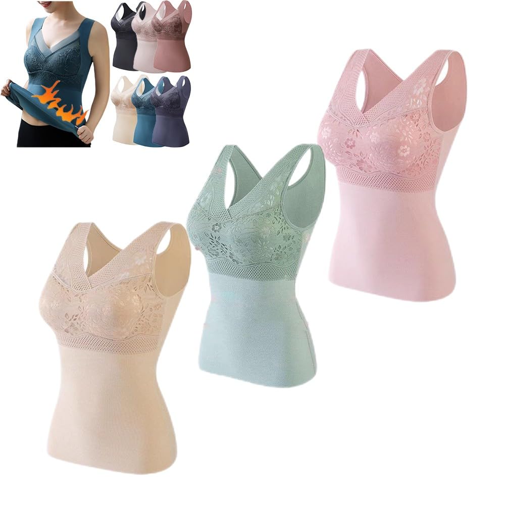 3PC Thermal Underwear Bra Women, Plus Velvet Thick Sexy Lace Seamless Bras Vest with Chest Pads ...