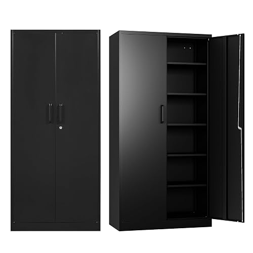 BYNSOE Metal Garage Storage Cabinet with Lock and 5 Adjustable Shelves ...