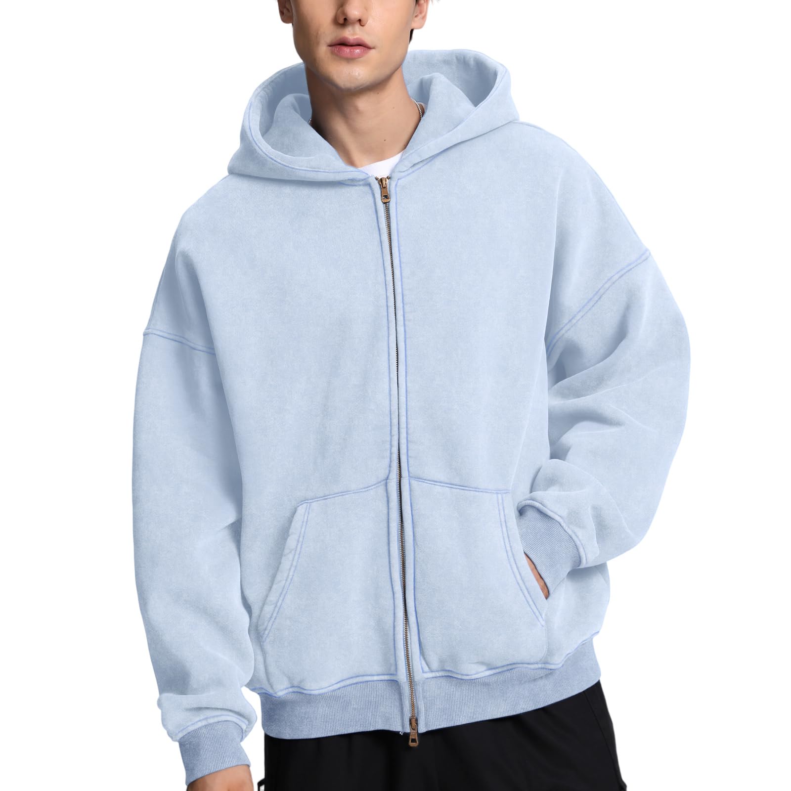 FAIABLE Mens Womens Double Zip Up Hoodie Oversized Acid Wash ...