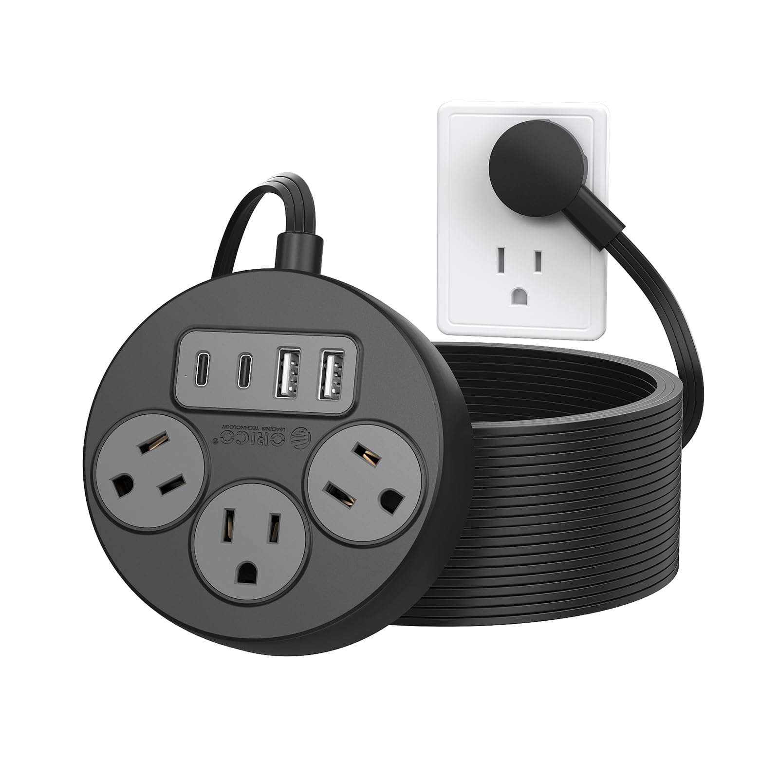15FT Flat Plug Extension Cord with USB C Ports, ORICO Power Strip with ...