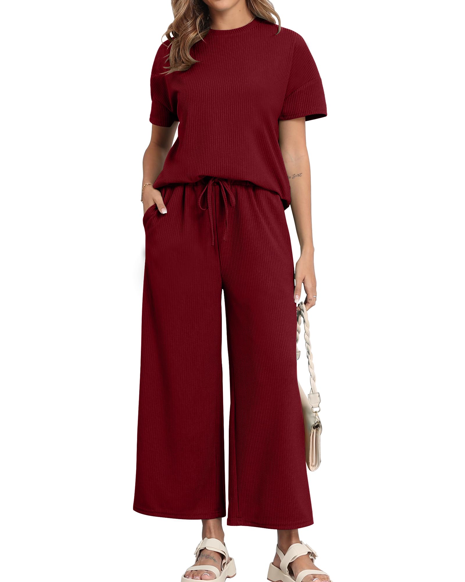 COSSEN Women's 2 Piece Summer Outfits 2025 Short Sleeve Tops Wide Leg ...