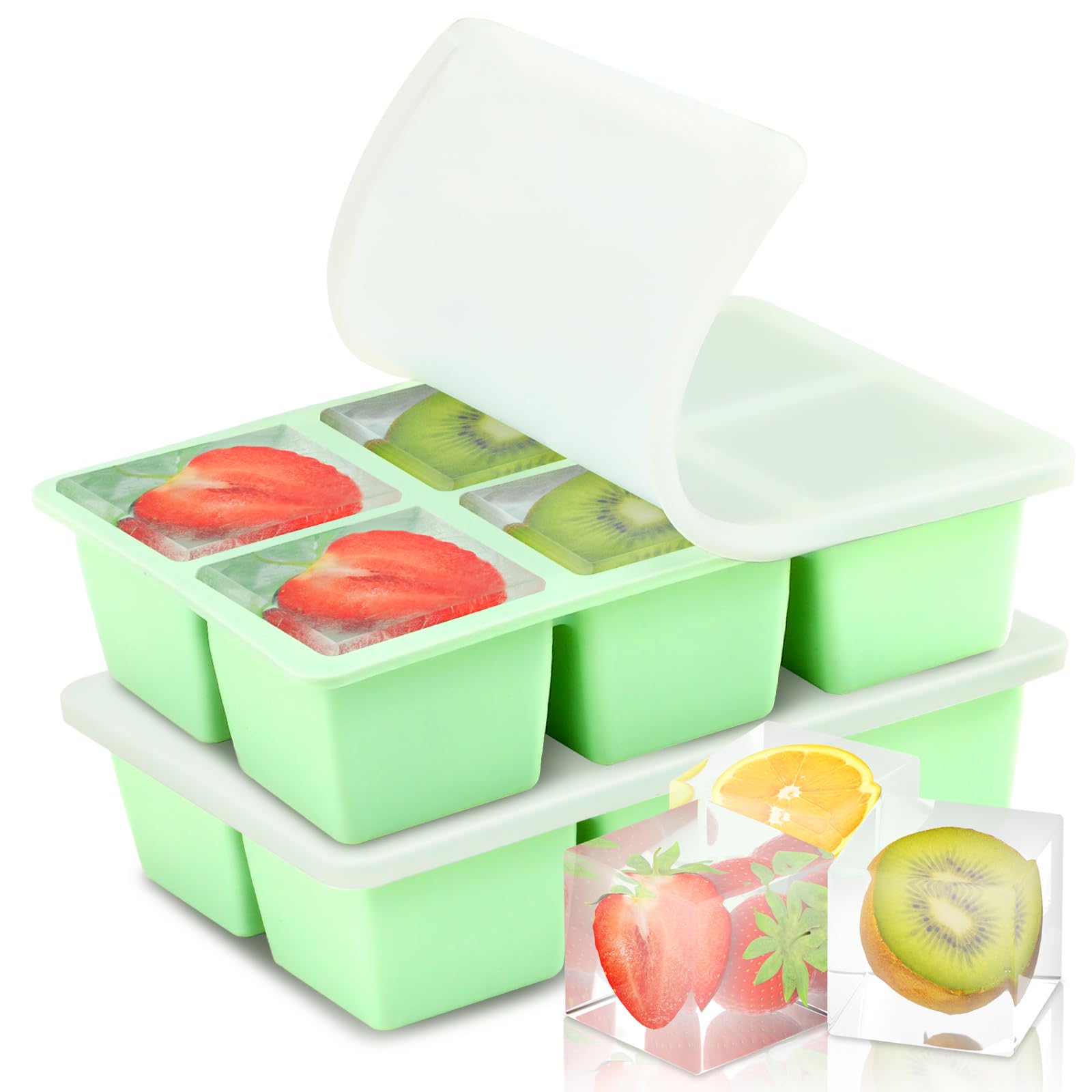 Large Ice Cube Tray for Freezer with Lid, 2Pack Silicone Ice Cube Trays ...