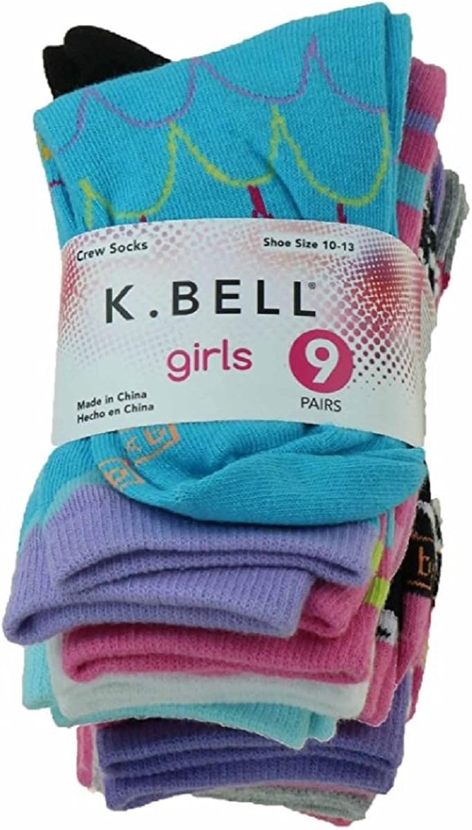 Amazon.com: K. Bell Girls Socks Crew length 9 pair (13 - 4): Clothing