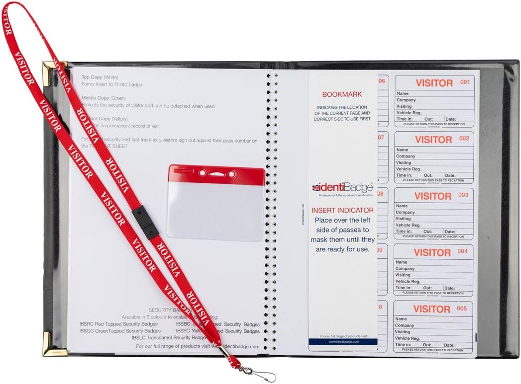 IDENTIBADGE 300 Pass Visitor Book with Binder, 10 Red Security Badges ...